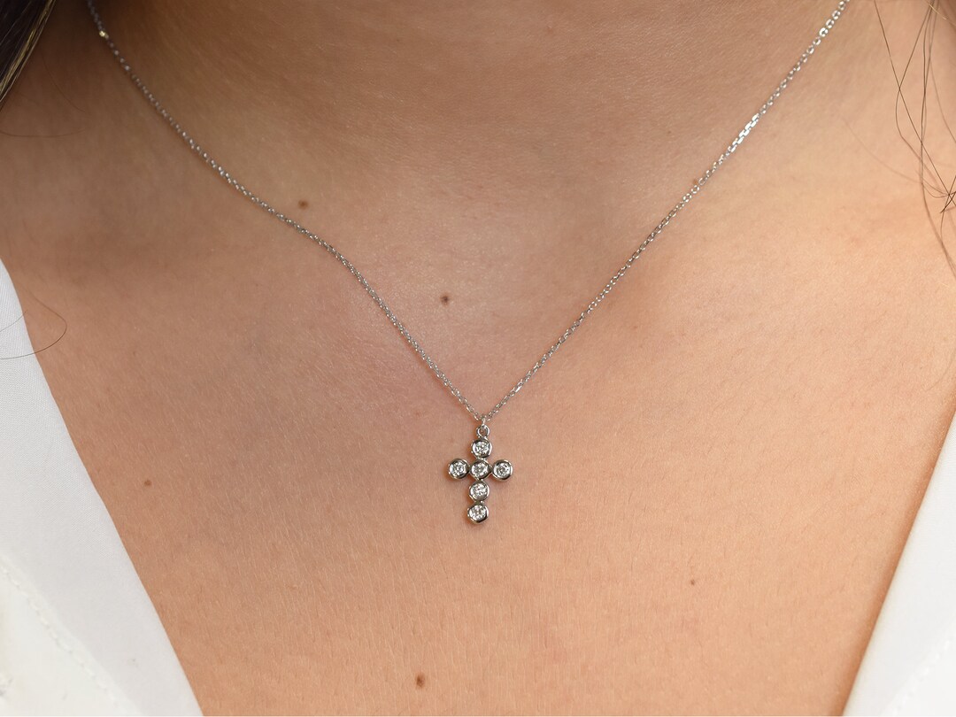 Diamond Cross Necklace / 14k Gold Diamond Bezel Cross 0.18CT ...
