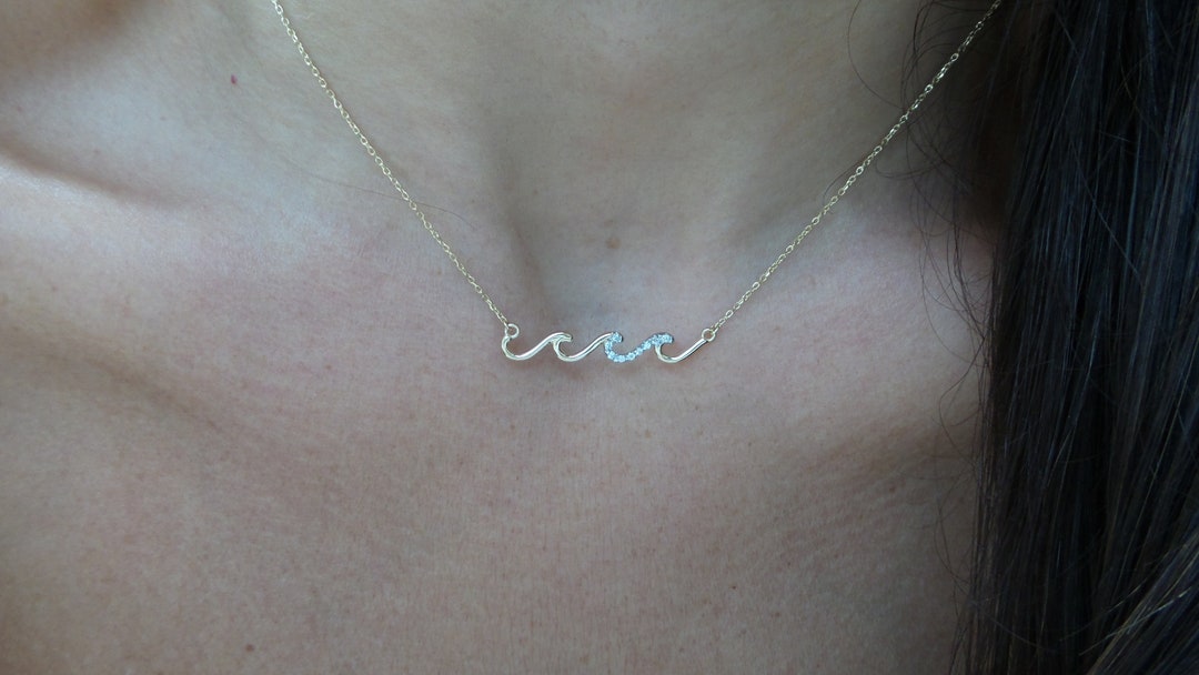 Diamond Wave Necklace / 14k Gold Diamond Wave Necklace / Gold Diamond ...
