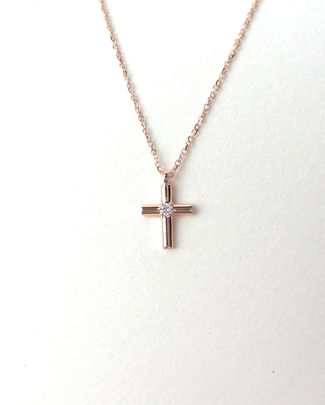 Small Diamond Cross Necklace / 14k Rose Gold Cross / Dainty Diamond ...