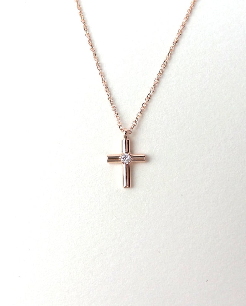 Dainty 14k Rose Gold Diamond Cross Necklace: Handmade Religious Jewelry ...