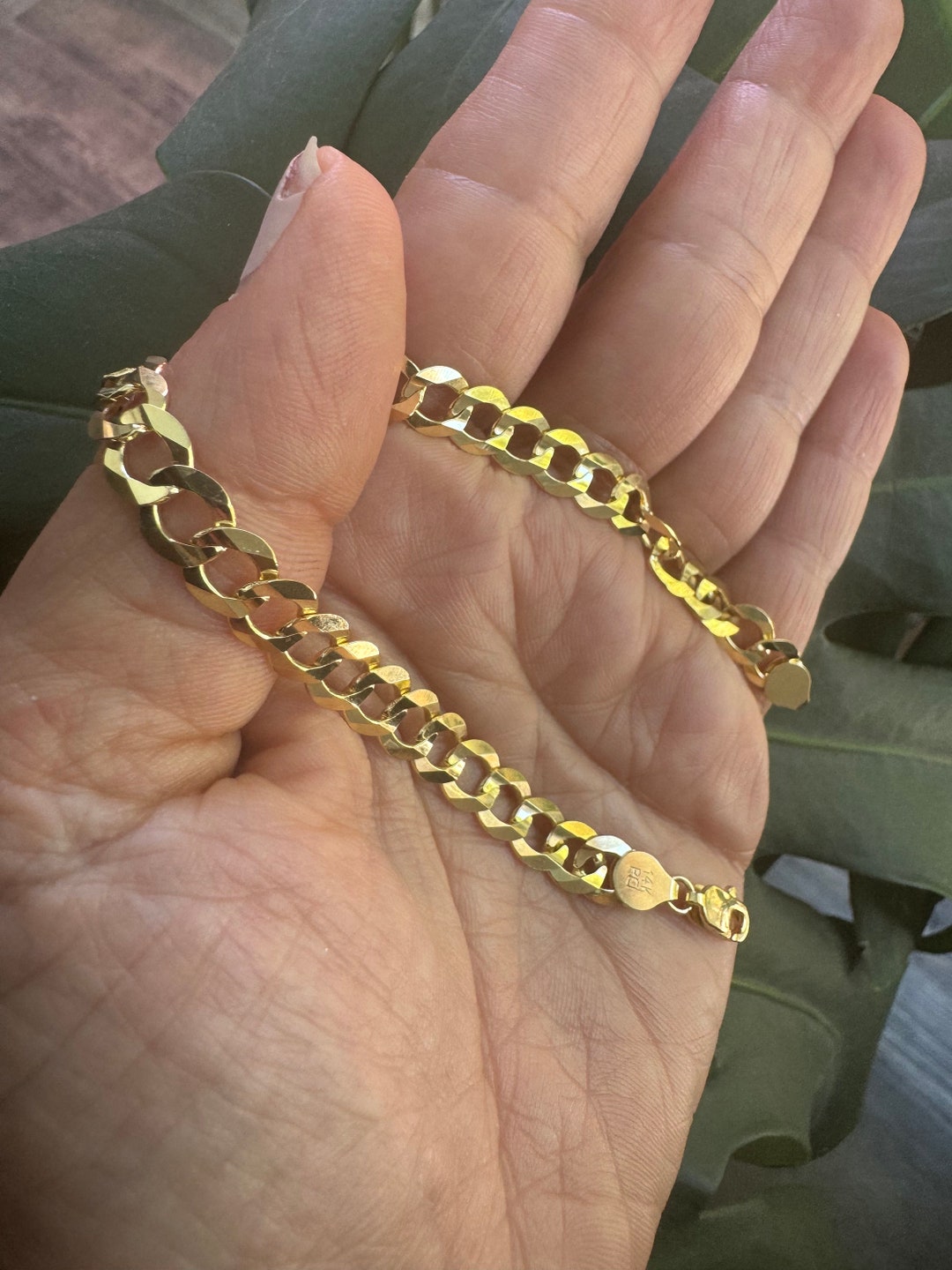 Cuban Chain Bracelet 7mm/ 14k Gold Cuban Chain Bracelet / 14k Gold Flat ...