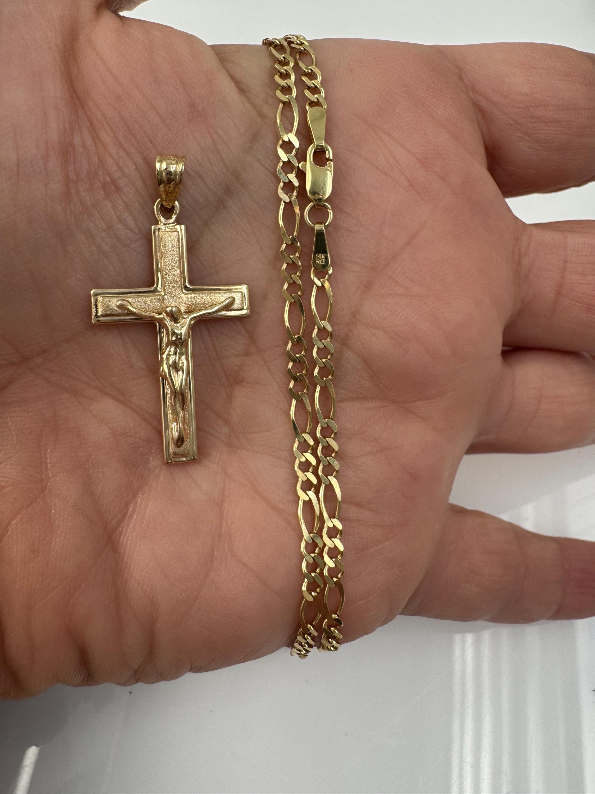 14k Gold Crucifix Pendant Figaro Chain Men/women: Jesus Christ Cross ...