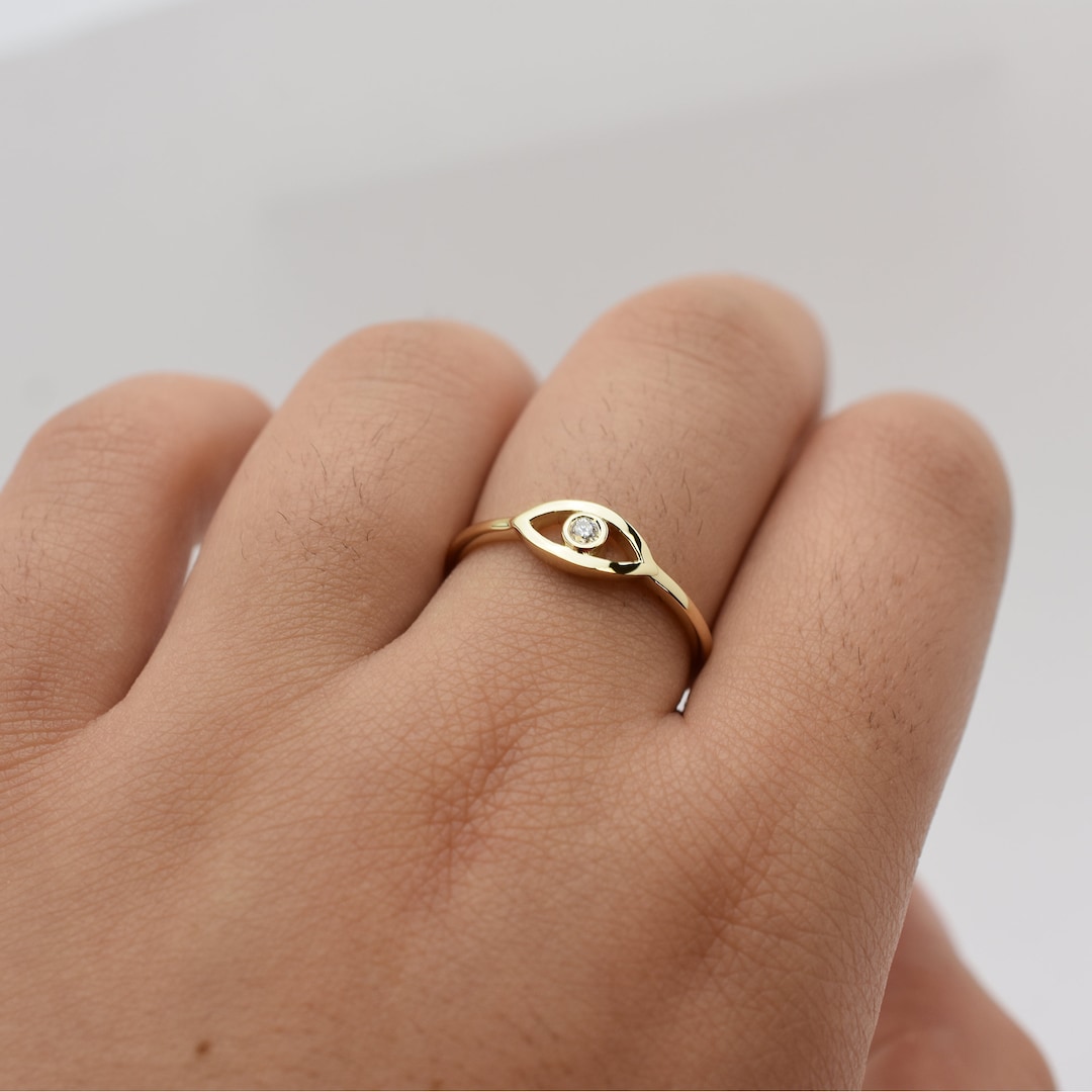 Diamond Evil Eye Ring 0.05ct/ Evil Eye Ring / 14k Gold Diamond Evil Eye Ring / Solid Gold Evil ...