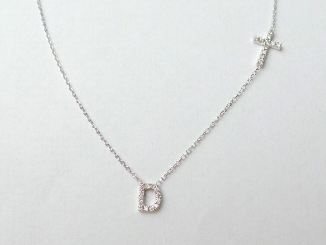 Diamond Initial Cross Necklace: 14k White Gold Letter Pendant - Etsy
