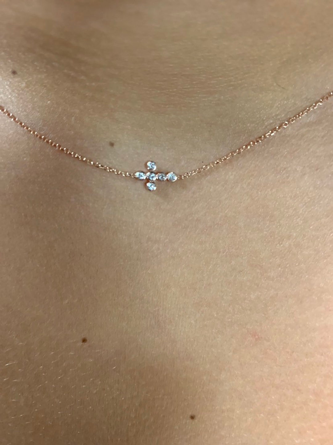 Small Diamond Cross Necklace / 14k Rose Gold Small Sideways Cross ...