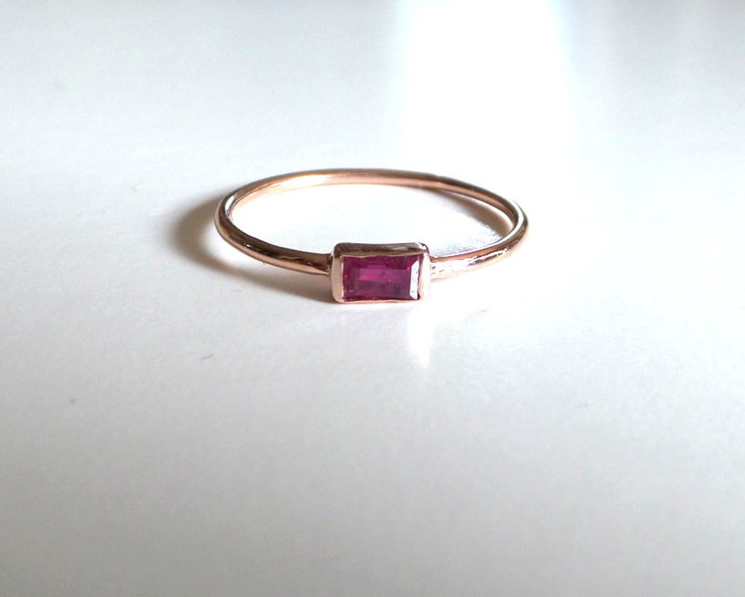 Stackable Ruby Ring / 14k Gold Red Ruby Ring / Birthstone Ruby Baguette Ring / Bezel Set Ruby ...