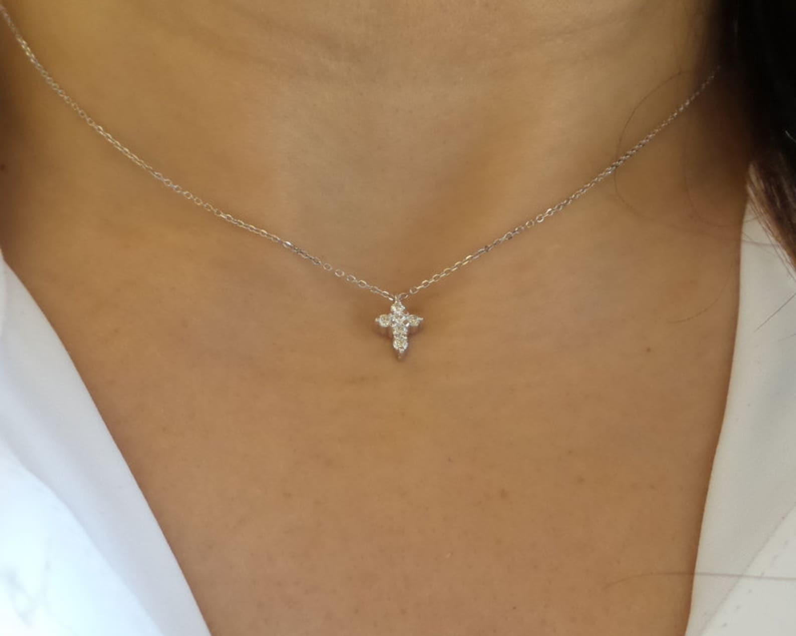 Small Diamond Cross Necklace 0.16 Ct / 14k Gold Diamond Cross / Mini ...