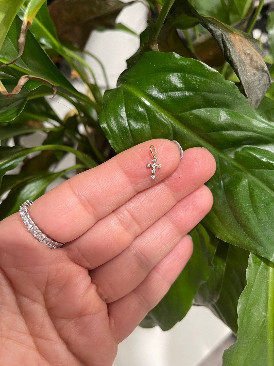 Small Diamond Cross Charm Pendant/ 14k Gold Mini Diamond Cross / Petite ...