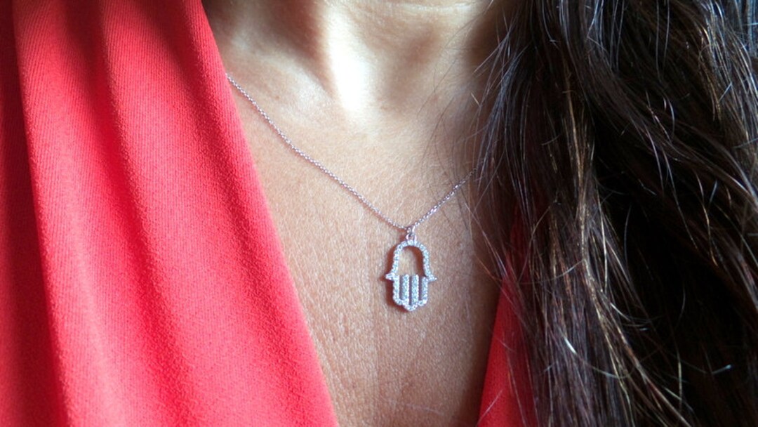 Diamond Hamsa Necklace / 14k White Gold Diamond Hamsa Necklace 0.40cts / Gold Diamond Hamsa ...