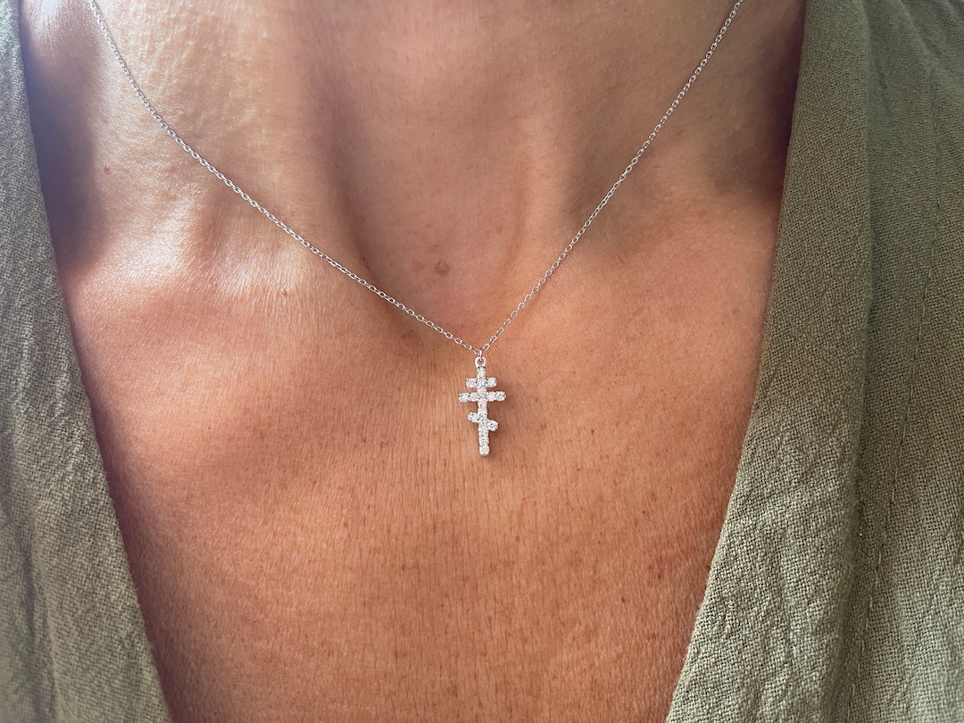 Diamond Orthodox Cross Necklace / 14k Gold Small Diamond Orthodox Cross ...