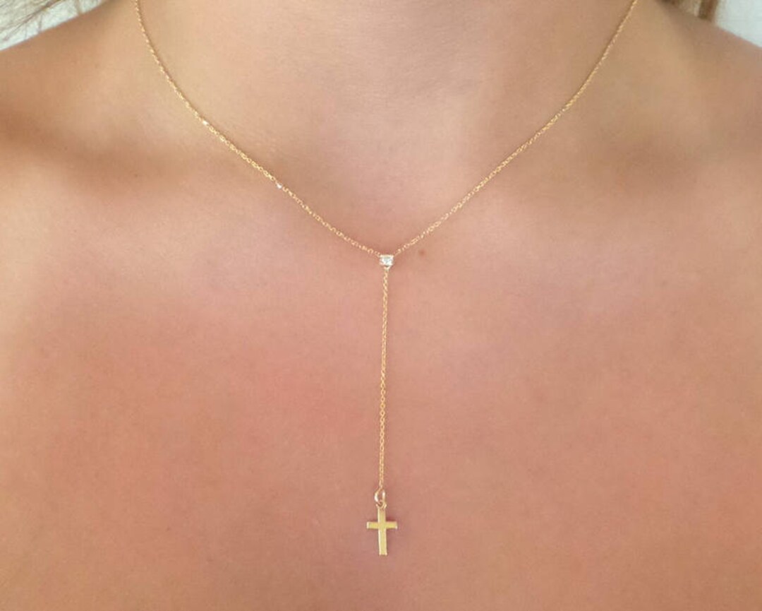 Diamond Cross Necklace / Diamond Necklace Lariat / 14k Gold Diamond ...