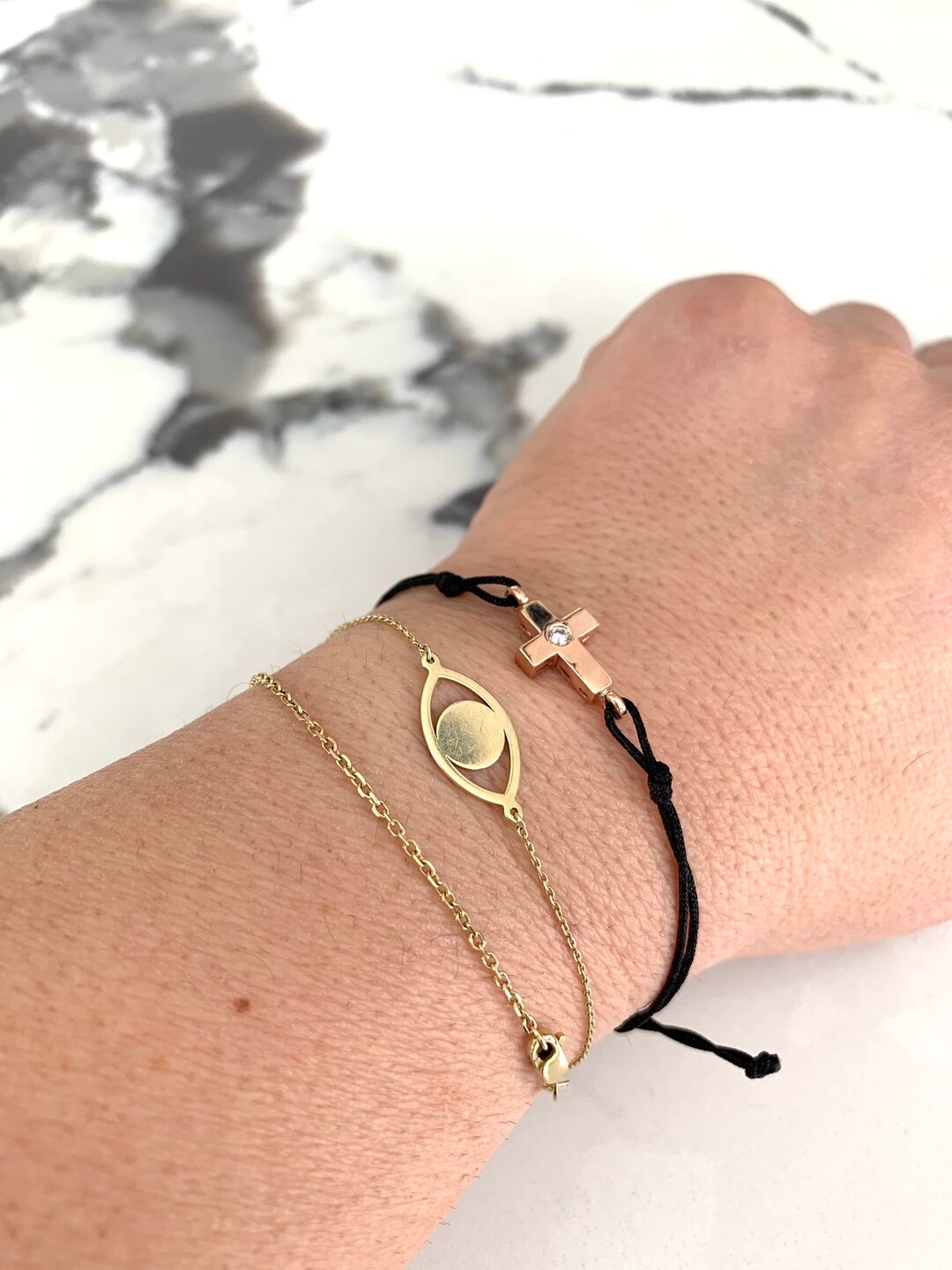 14k Rose Gold Diamond Cross Bracelet: Adjustable Pull String - Etsy