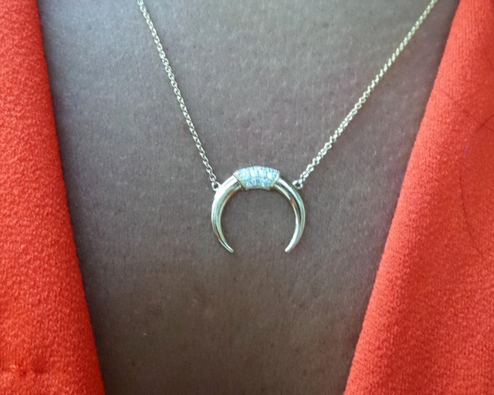 Horn Necklace / 14k Gold Horn Necklace With Diamonds / Solid - Etsy