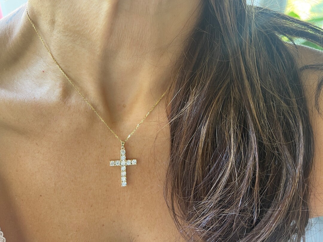 Large 2.01CT Diamond Cross Necklace: 14k Gold Minimalist Pendant - Etsy