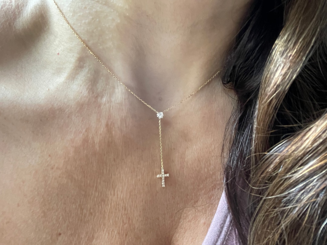 Diamond Necklace Cross / 14k Gold Diamond Cross Necklace / Lariat ...