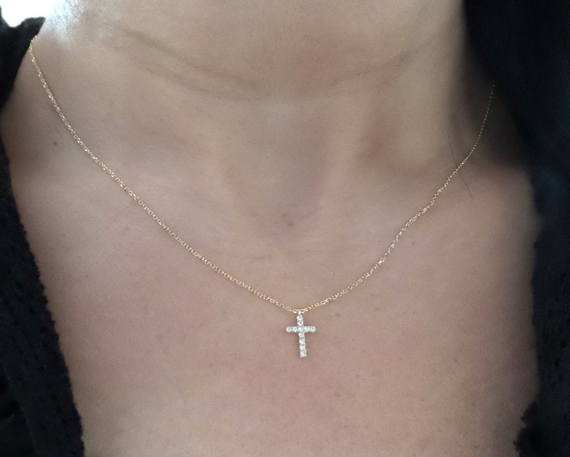 Small Diamond Cross Necklace / Dainty Diamond Cross / 14k Gold Diamond ...