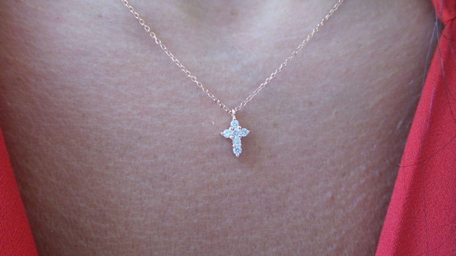 Small Diamond Cross Necklace / 14k Rose Gold Diamond Cross - Etsy