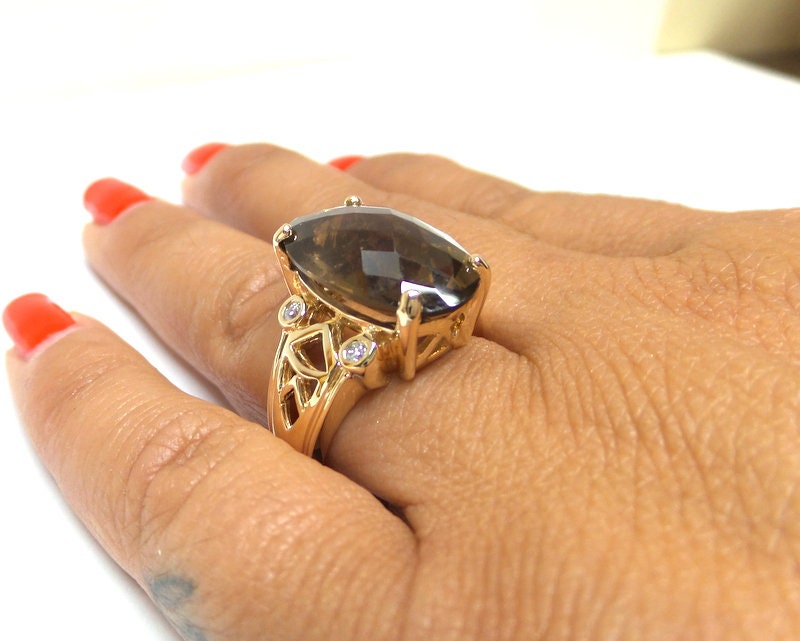 Smokey Topaz Ring / 14k Gold Smokey Topaz Ring / Topaz and Diamond Ring ...