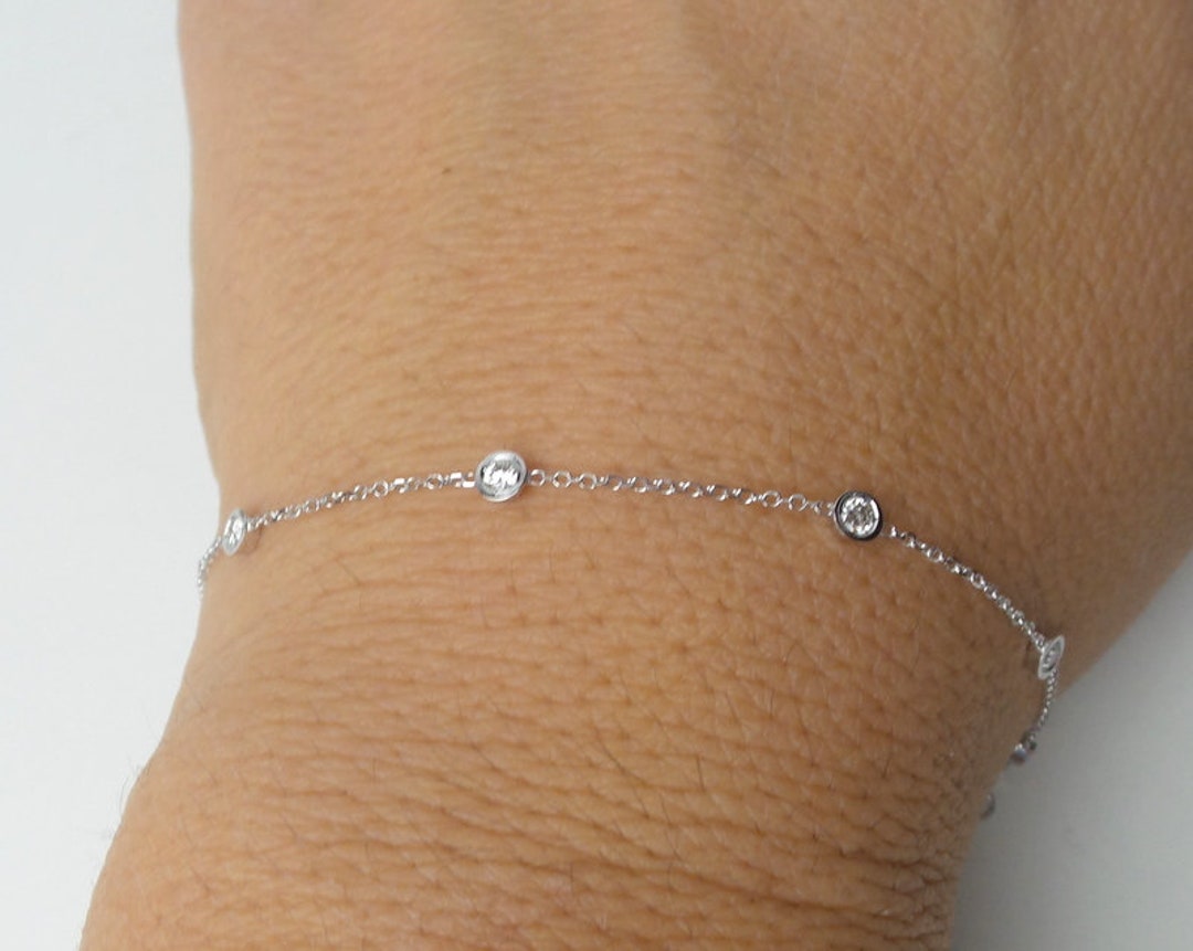 14k White Gold Diamond Station Bracelet, 0.28 Ct Solitaire Bezel - Etsy