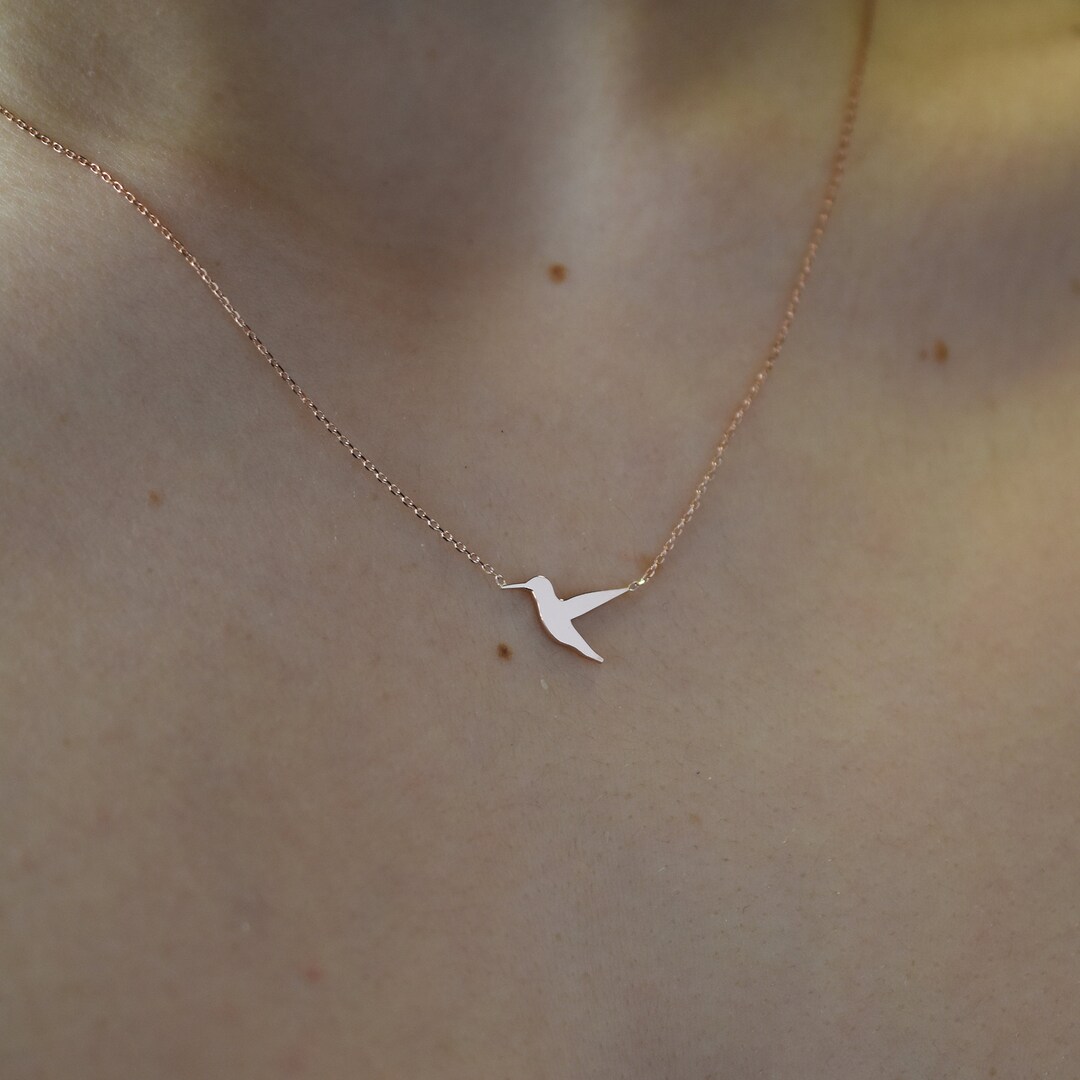 Humming Bird Necklace / 14k Gold Humming Bird Pendant / Solid Gold Bird ...