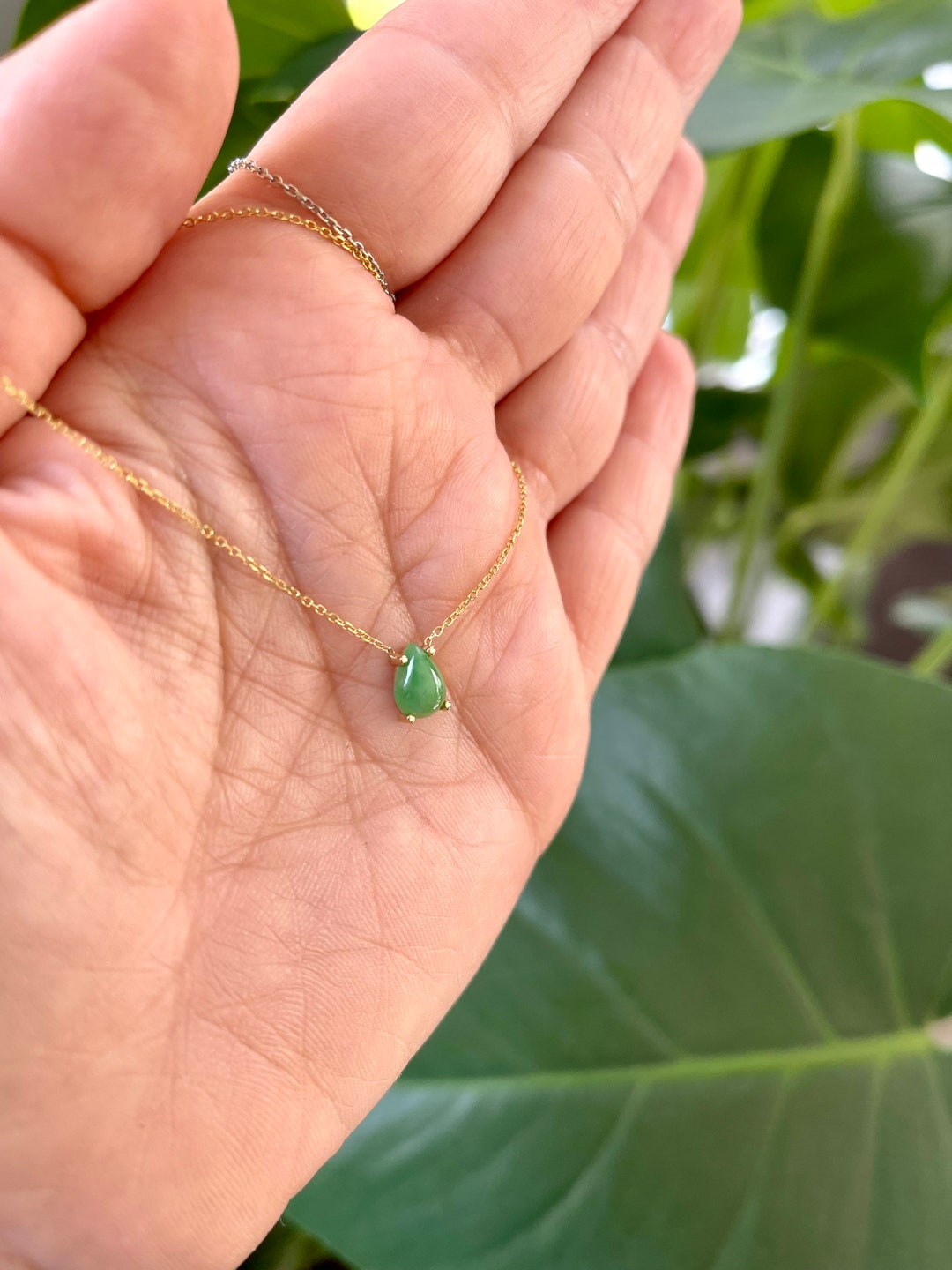 Jade Solitaire Necklace / 14k Gold Jade Necklace / Pear Shape Jade Necklace / Natural Jade ...