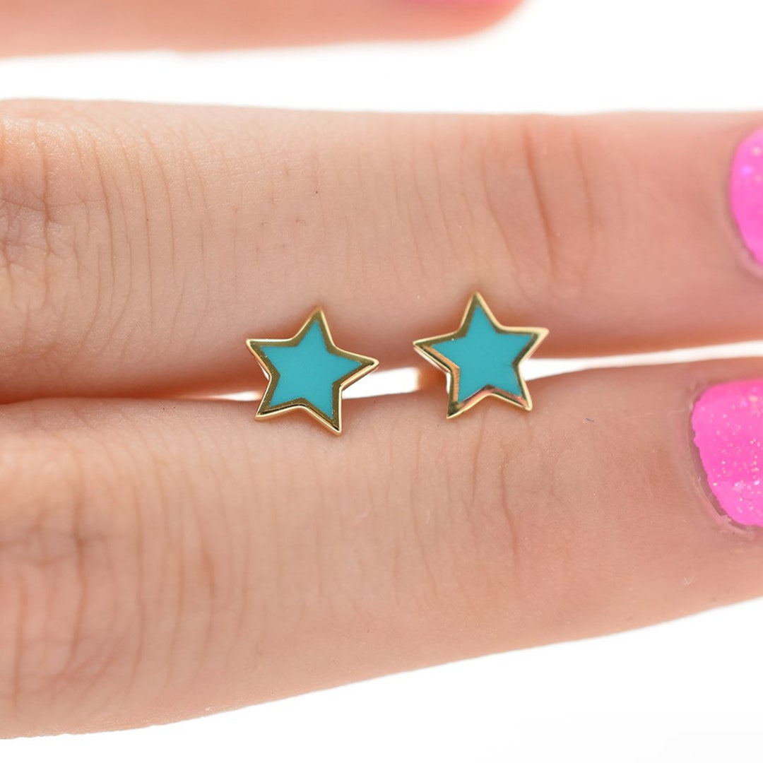 Star Earrings / 14k Gold Small Star Earrings / Blue Enamel Star Studs ...