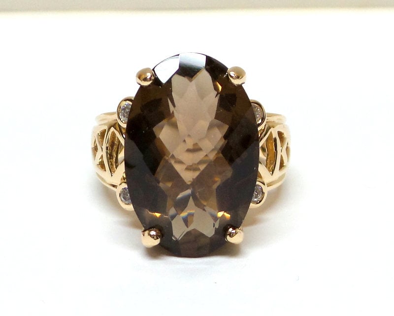 Smokey Topaz Ring / 14k Gold Smokey Topaz Ring / Topaz and Diamond Ring ...