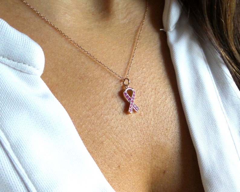 Breast Cancer Ribbon Necklace / Pink Ribbon Necklace 14k Rose - Etsy