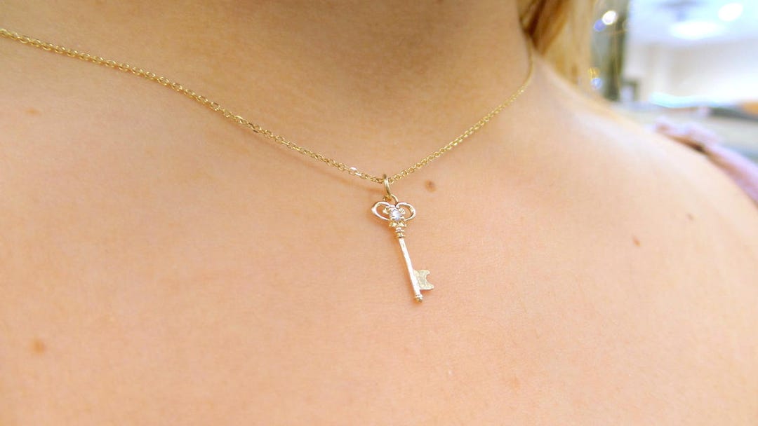 Key Necklace With Diamond 14k Yellow Gold/ Yellow Gold Diamond Key ...