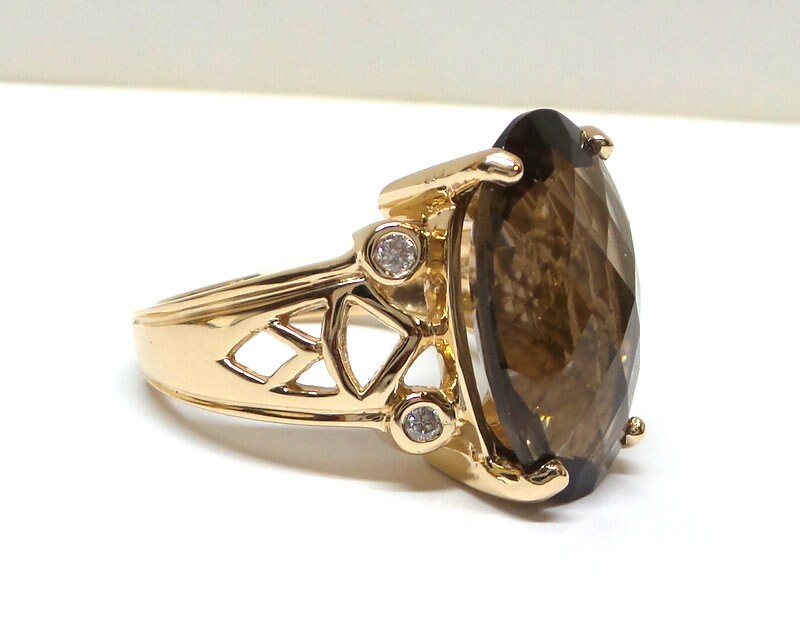 Smokey Topaz Ring / 14k Gold Smokey Topaz Ring / Topaz and Diamond Ring ...