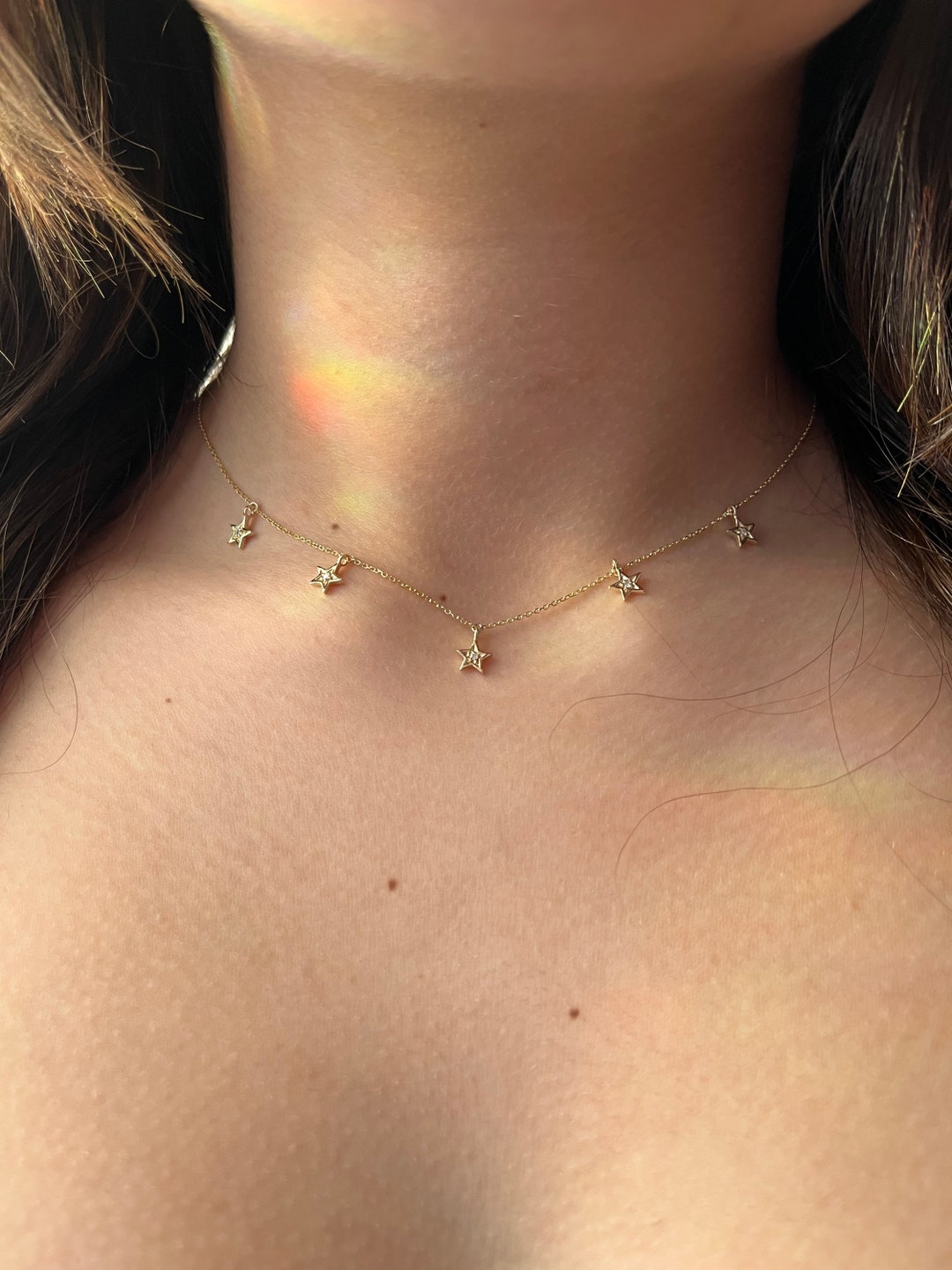 Diamond Star Necklace / Small Diamond Star Station Necklace / 14k Gold ...