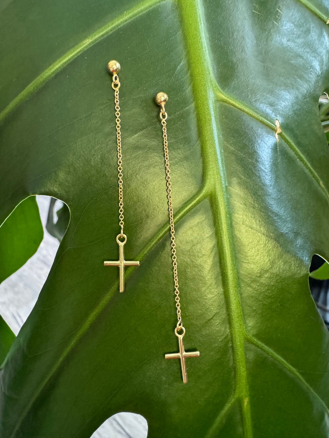 14k Solid Gold Cross Drop Earrings: Lightweight Chain Studs - Etsy