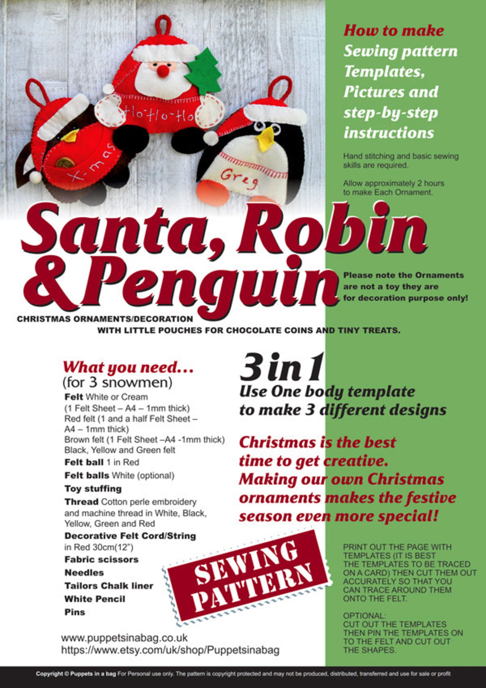 Santa ,robin and Penguin Felt Christmas Ornaments With Pouches Sewing ...