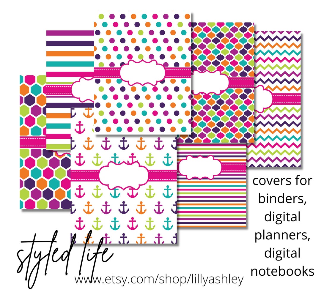 Printable Binder Covers SET of 7 With Backings Spines-8.5x11 PNG & PDF ...
