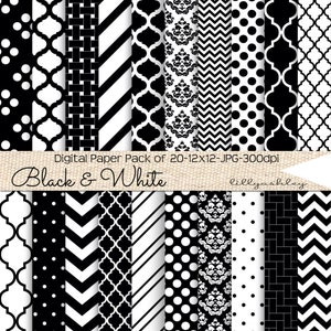 Digital Paper Pack of 20 Sale--12x12 JPG Digital Papers in Black and ...
