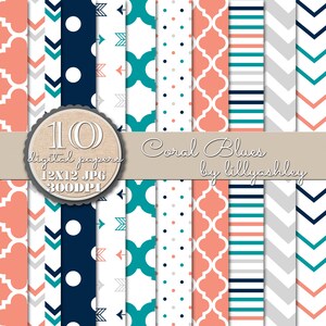 Digital Paper Pack of 10 coral Blues12x12 Jpg-great for Backgrounds for ...