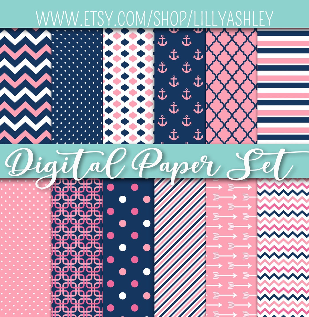 Pink and Navy Digital Paper Backgrounds | Preppy Stripe Papers ...