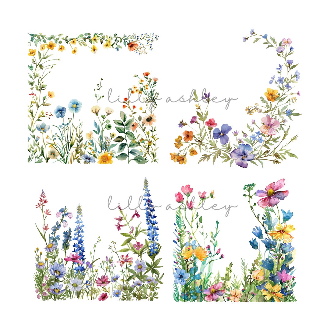 Wildflower Borders Clipart Set of 4 Floral Frames, PNG Watercolor ...