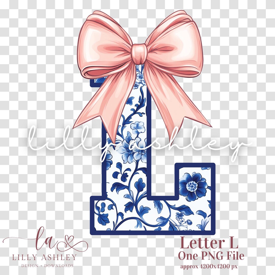Coquette Bow PNG Letter - One "l" Letter File- Chinoiserie Blue Floral ...