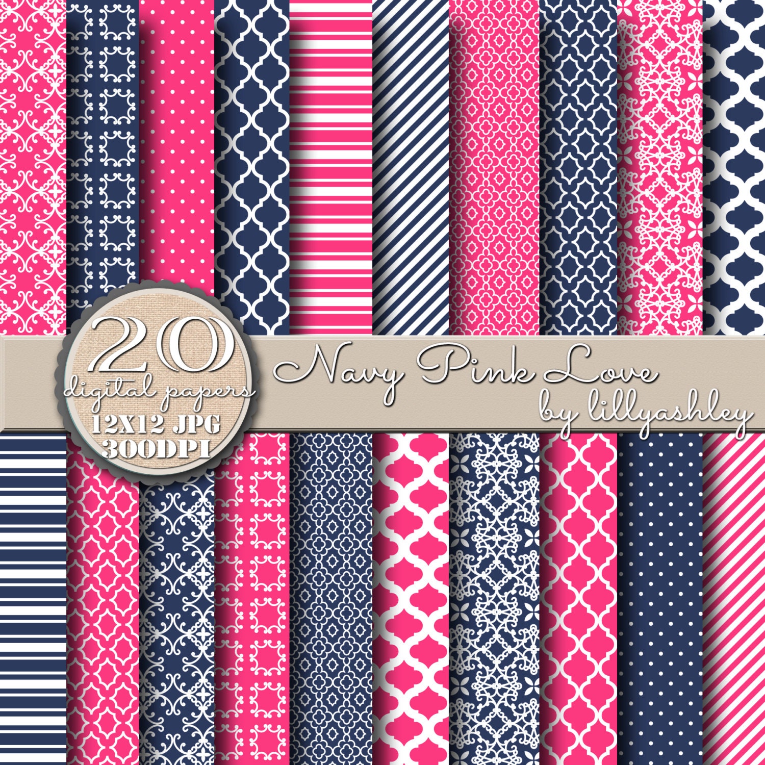 Digital Paper Pack of 20 Navy Pink Love--12x12 JPG Format--big Set of ...