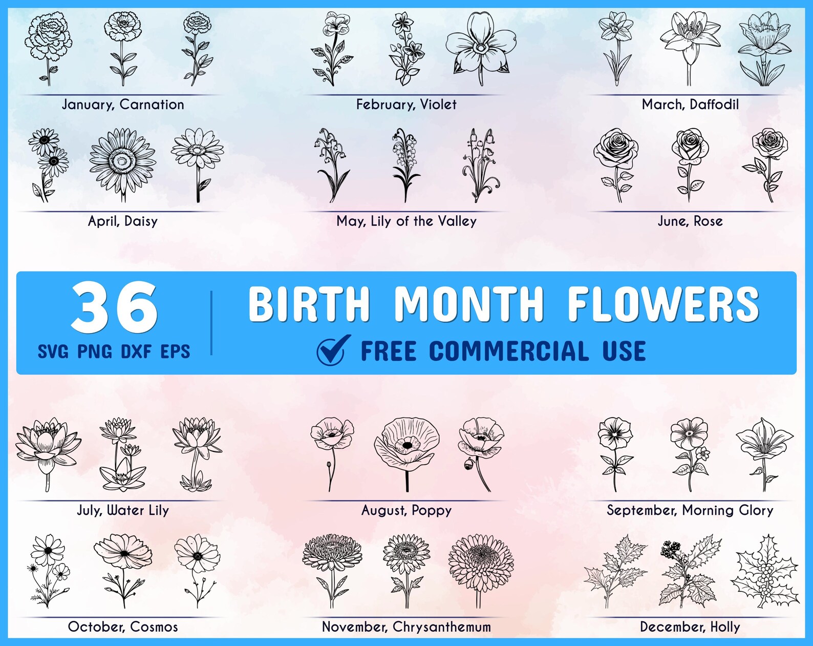 Birth Month Flower SVG Bundle, Floral SVG, Wildflower, Rose, Daisy ...