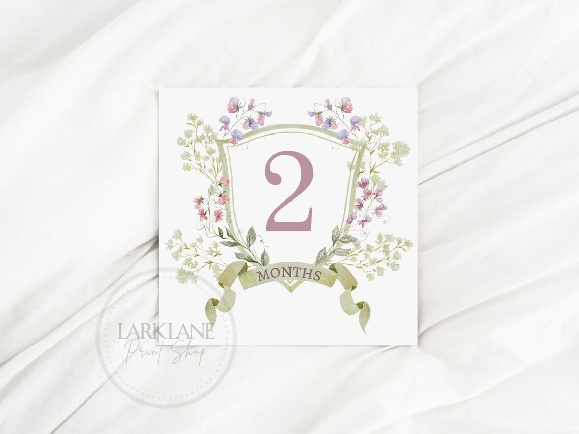 Mauve and Green Floral Monthly Milestone Cards ~ Personalized Monogram ...
