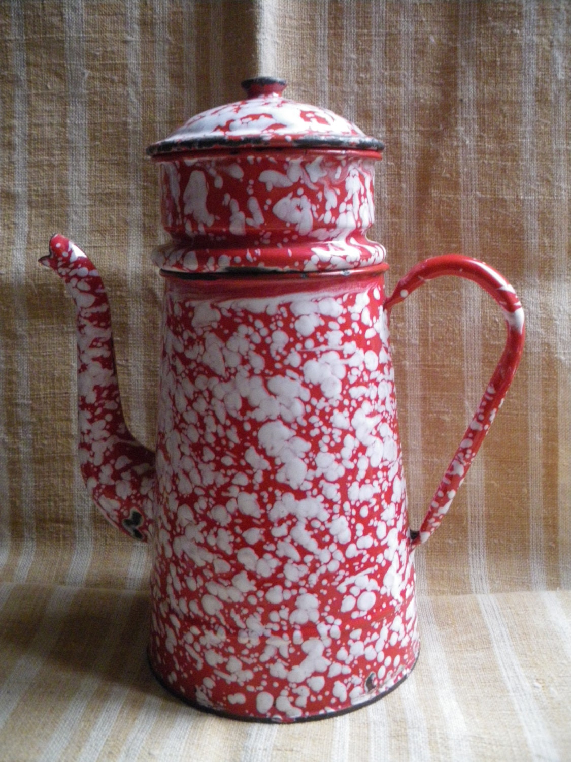 Enamel Tin Coffee Pot Marbled Red and White French Country French ...