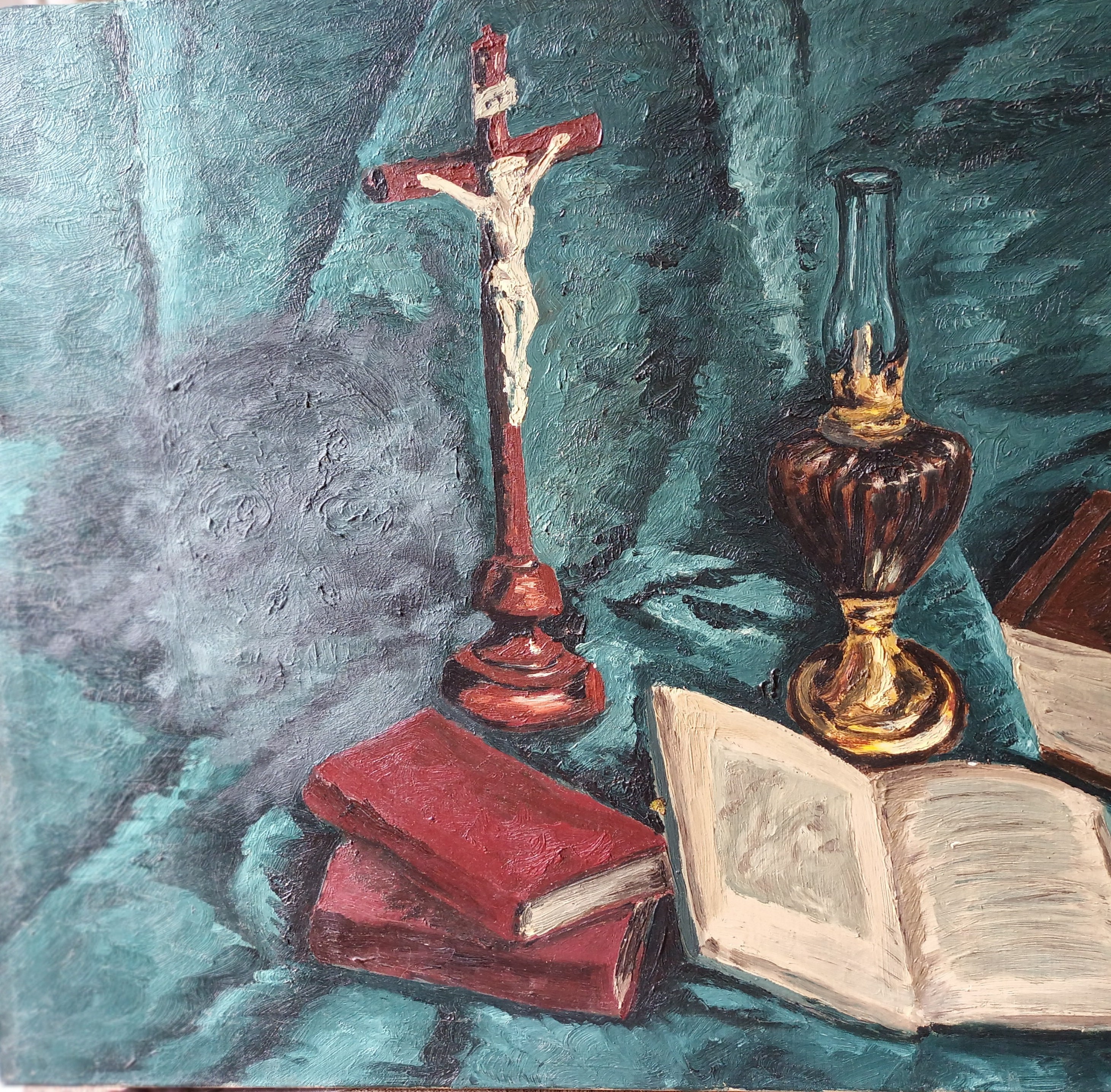 Oil Lamp Lightning Crucifix Holy Books Still Live Painting on a Blue ...