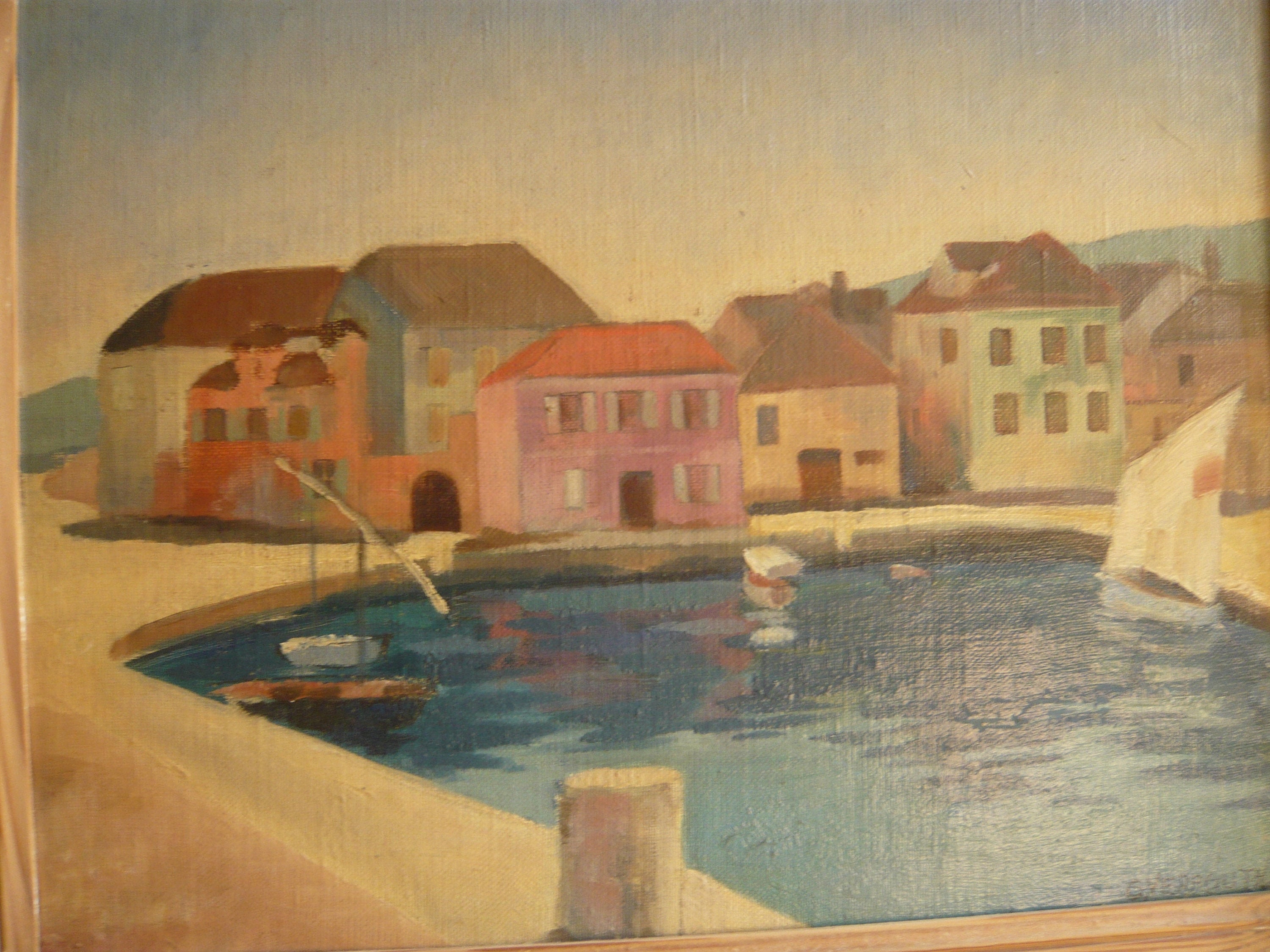 Mediterranean Harbor Oil Painting on Panel Sailboat Pink Blue Fishermen ...