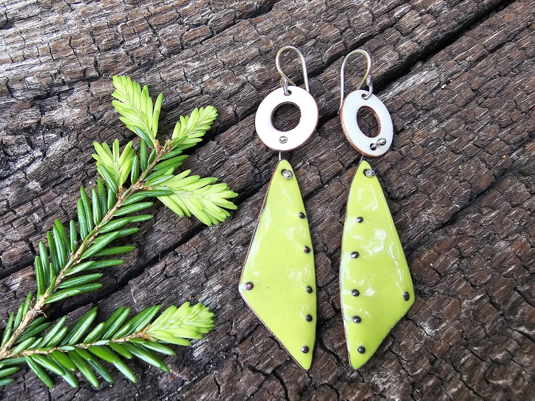 Cream and Chartreuse Vitreous Enamel Copper Dangle Earrings - Etsy