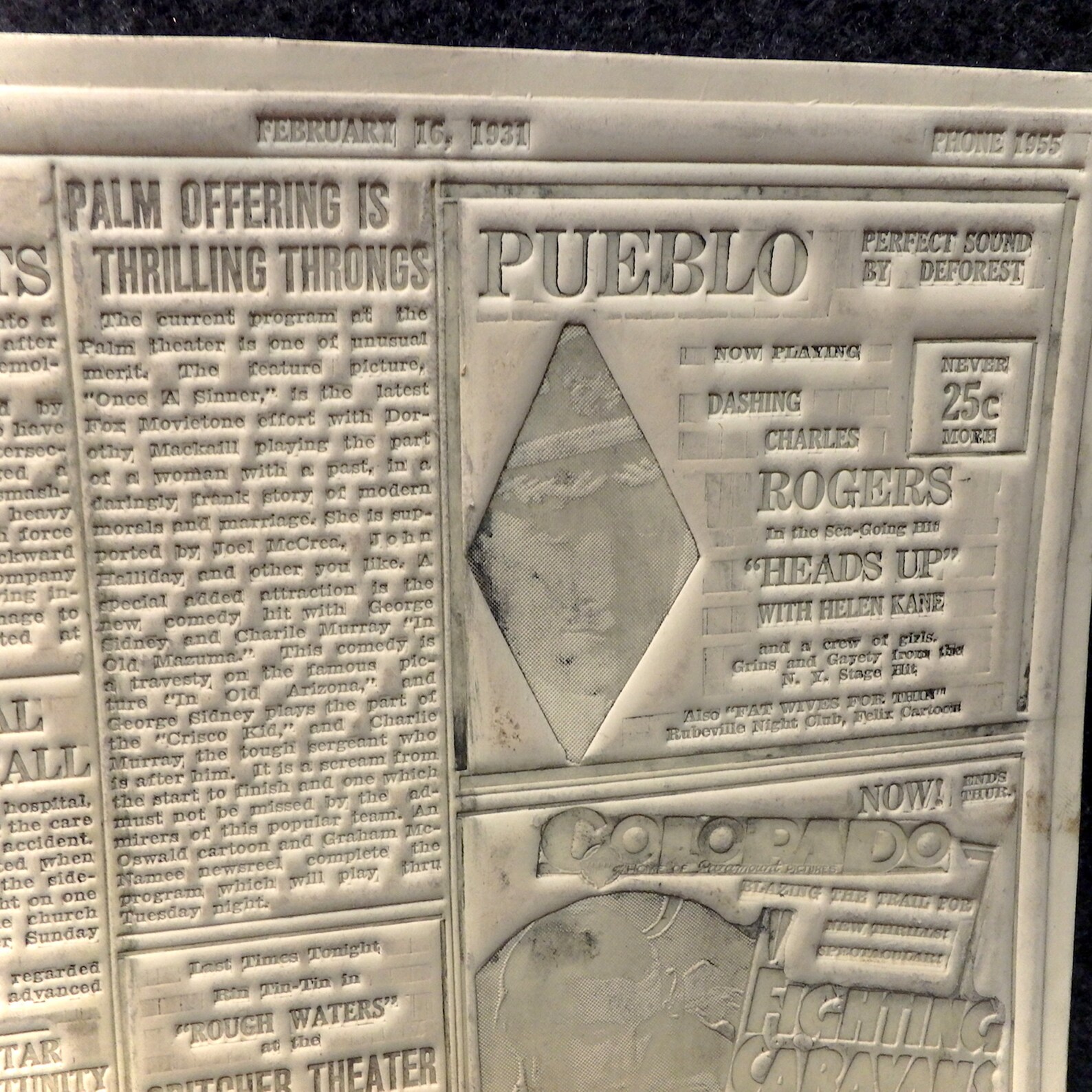 The Pueblo Chieftain 1931 Newspaper Flong Features Theater - Etsy