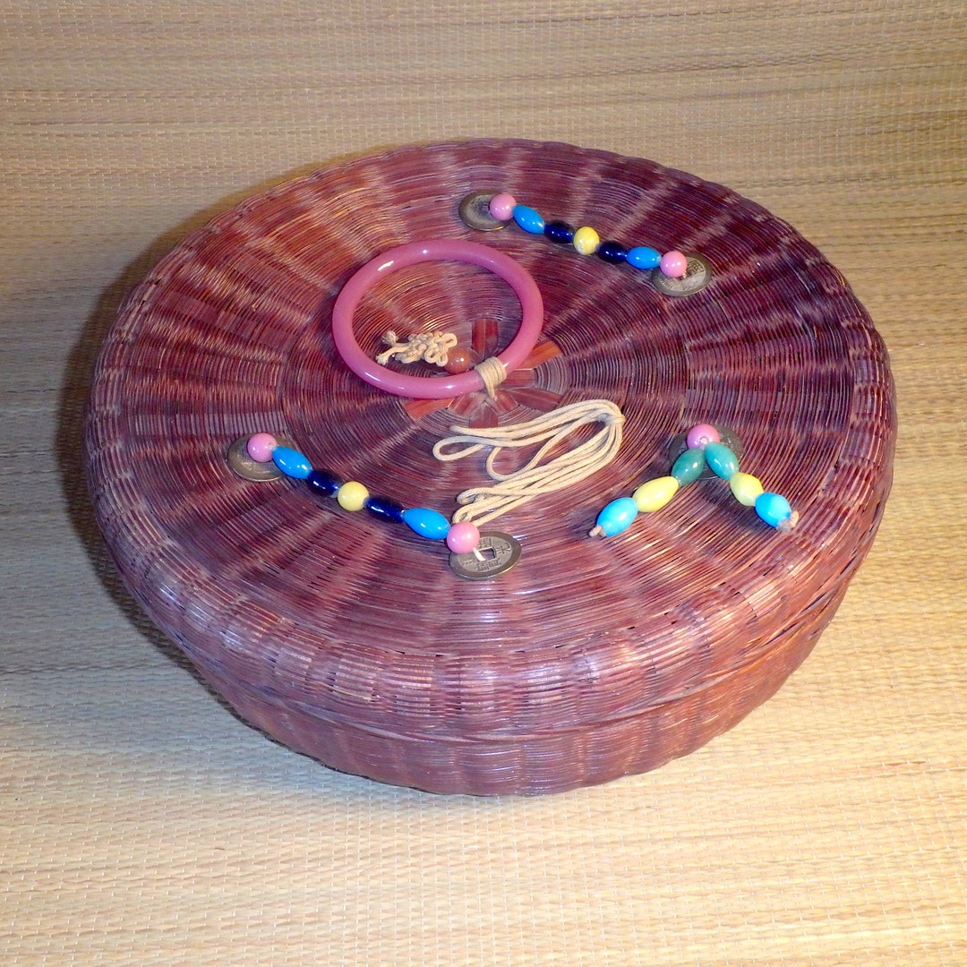 Vintage Chinese Sewing Basket - Large - Peking Glass, Rings, Handle ...