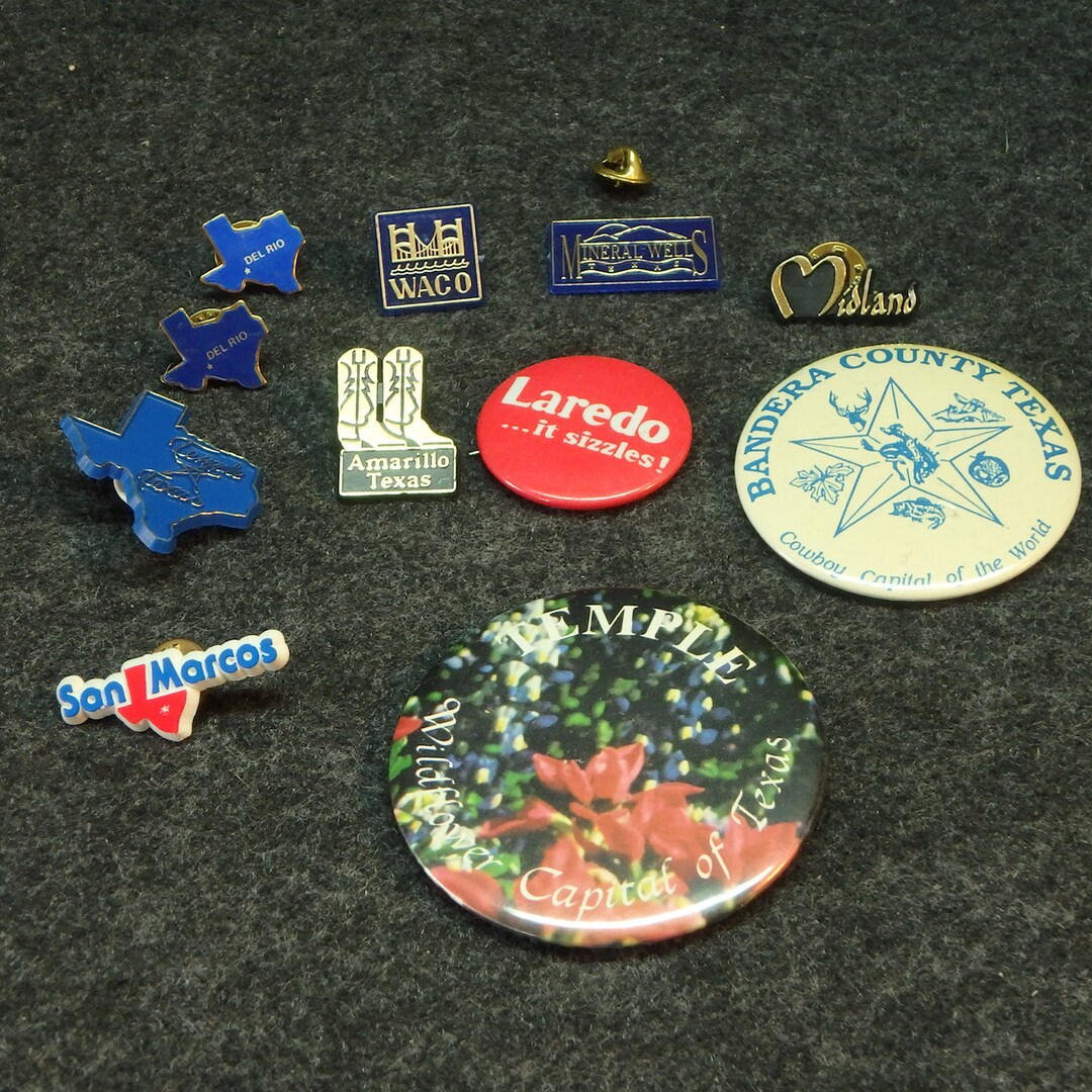 10 Vintage Texas Souvenir Assorted Towns or Cities Lapel Pins, Buttons ...