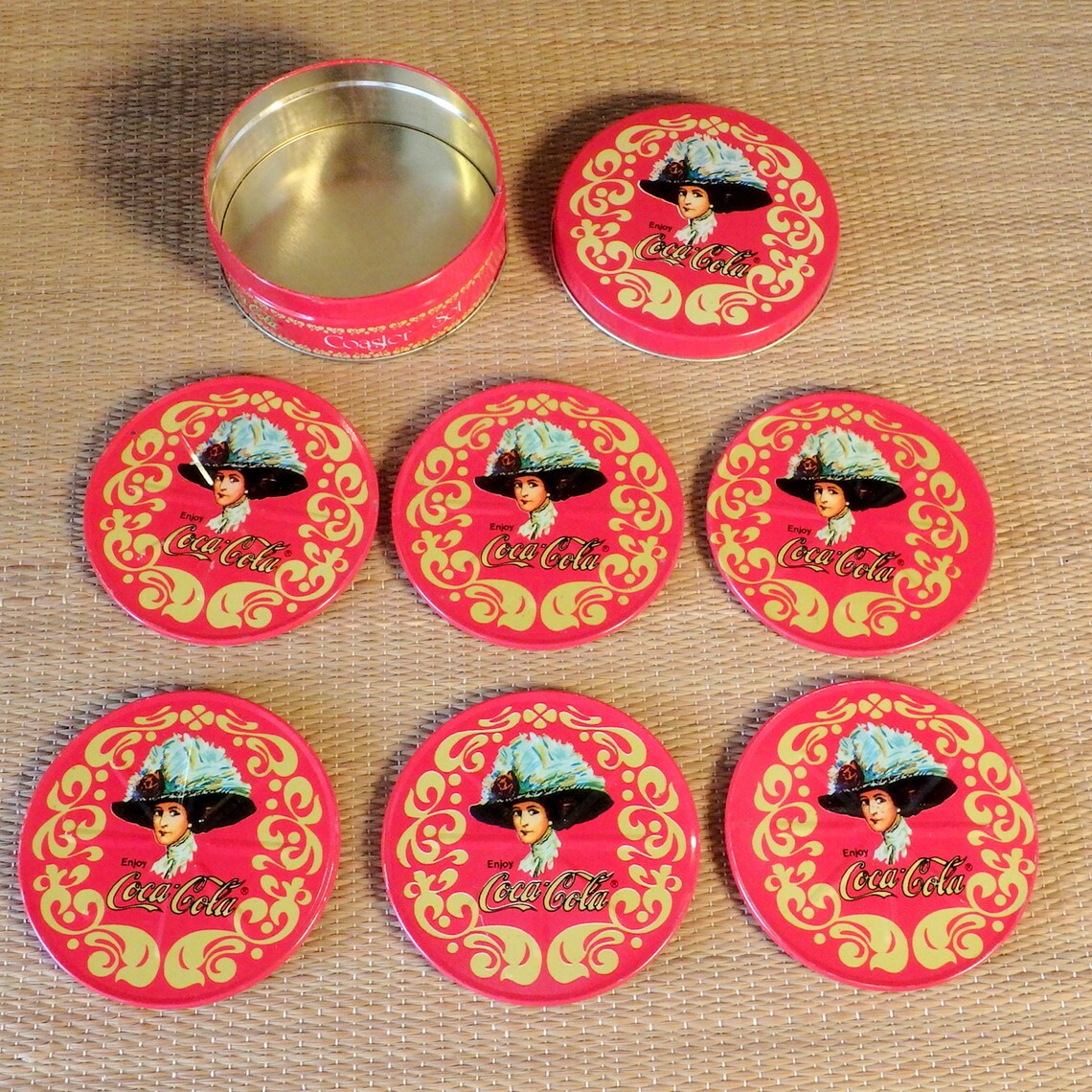Coca-Cola Coaster Set 6 Coasters and Storage Tin Metal w/ | Etsy